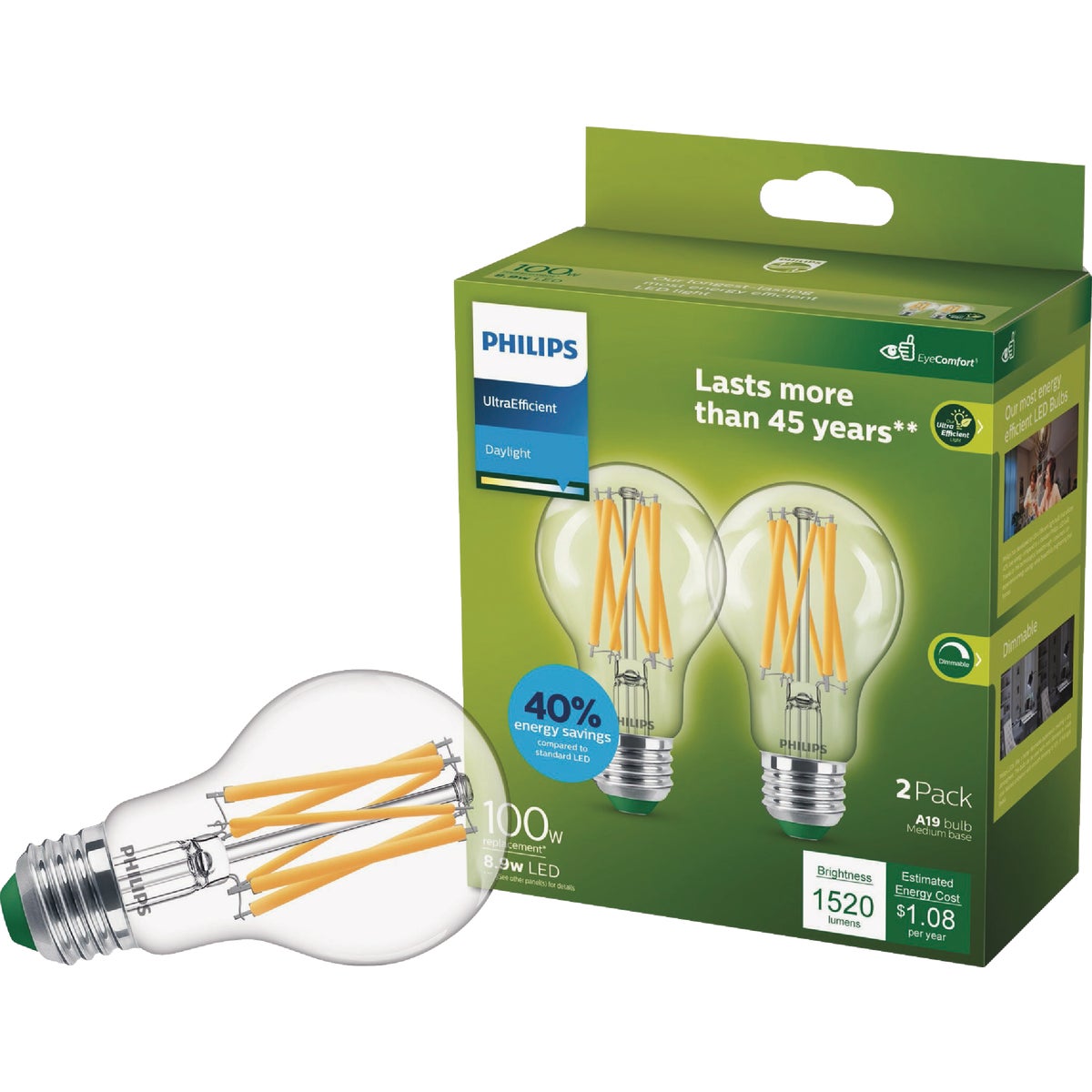 Philips Ultra Efficient 100W Equivalent Daylight Clear A19 LED Bulb (2 ...